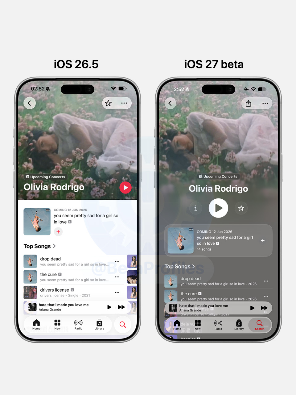 iOS 26 vs iOS 27: Apple Music Artist Page Comparison - Beta Profiles
